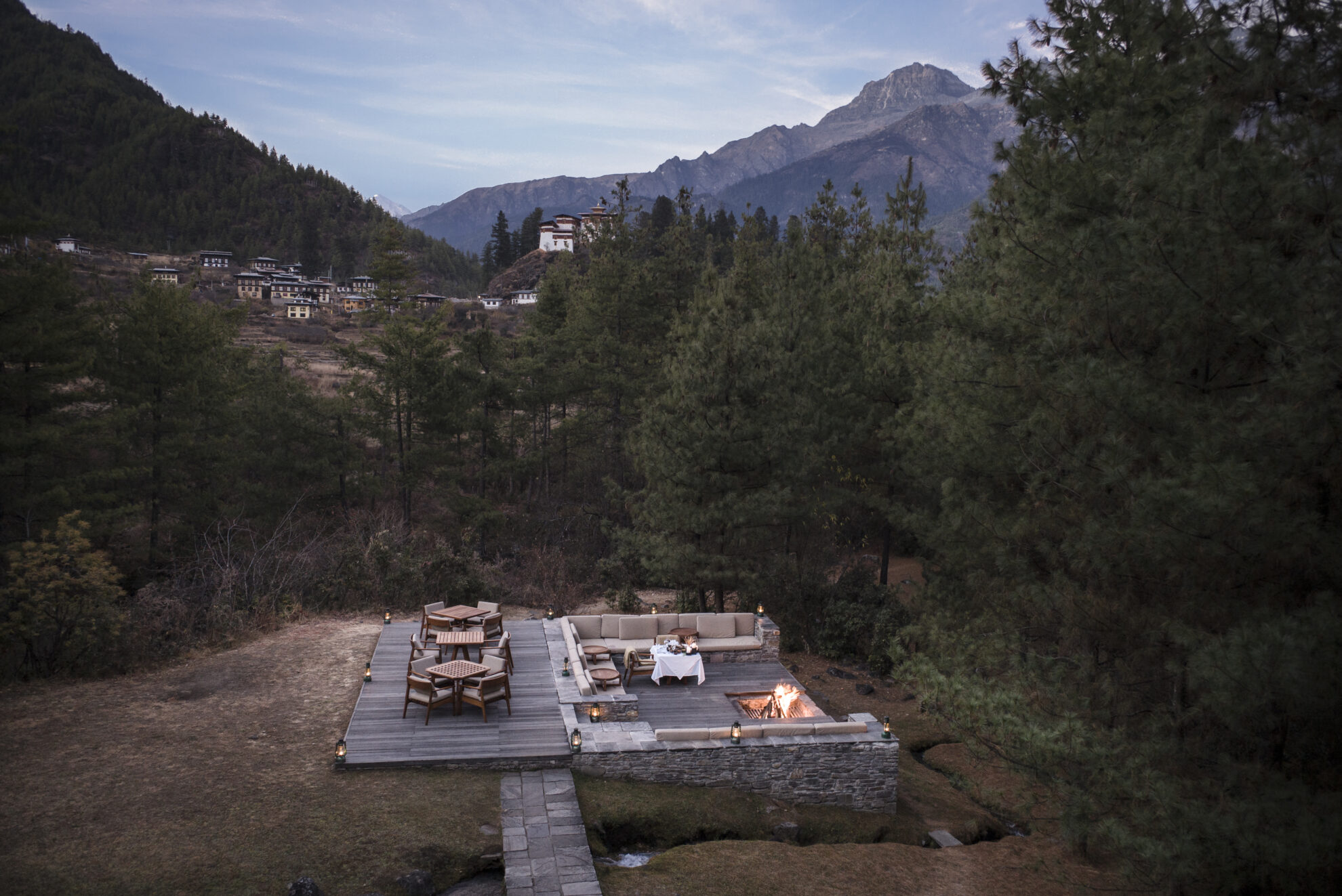 Amankora, Bhutan - Dining, Paro Lodge dining experience, Outdoor Terrace private dinner with ...